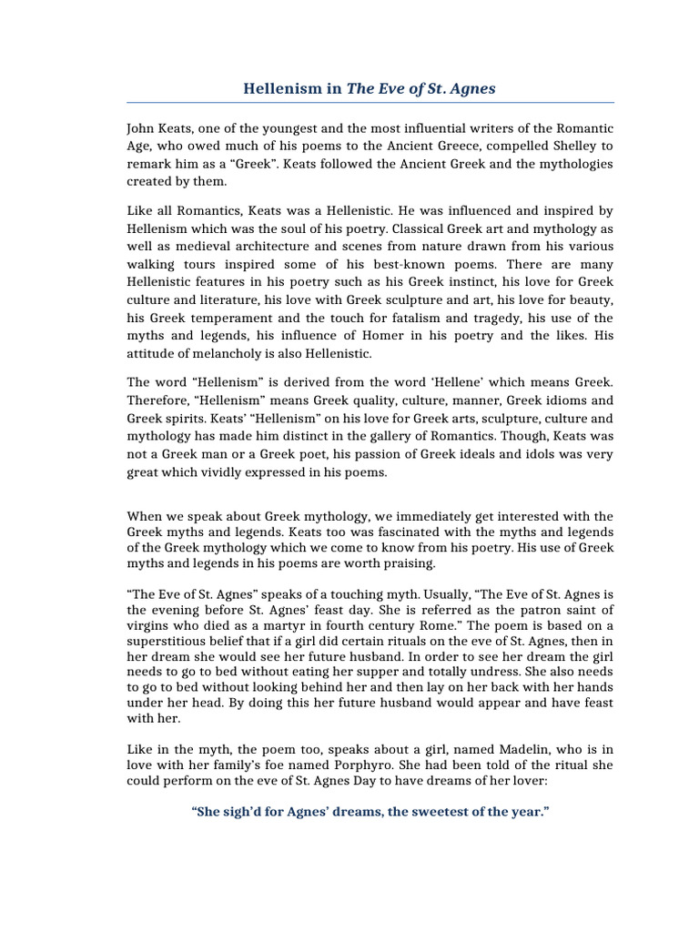 Keats' Hellenism in St. Agnes | PDF | Greek Mythology | John Keats
