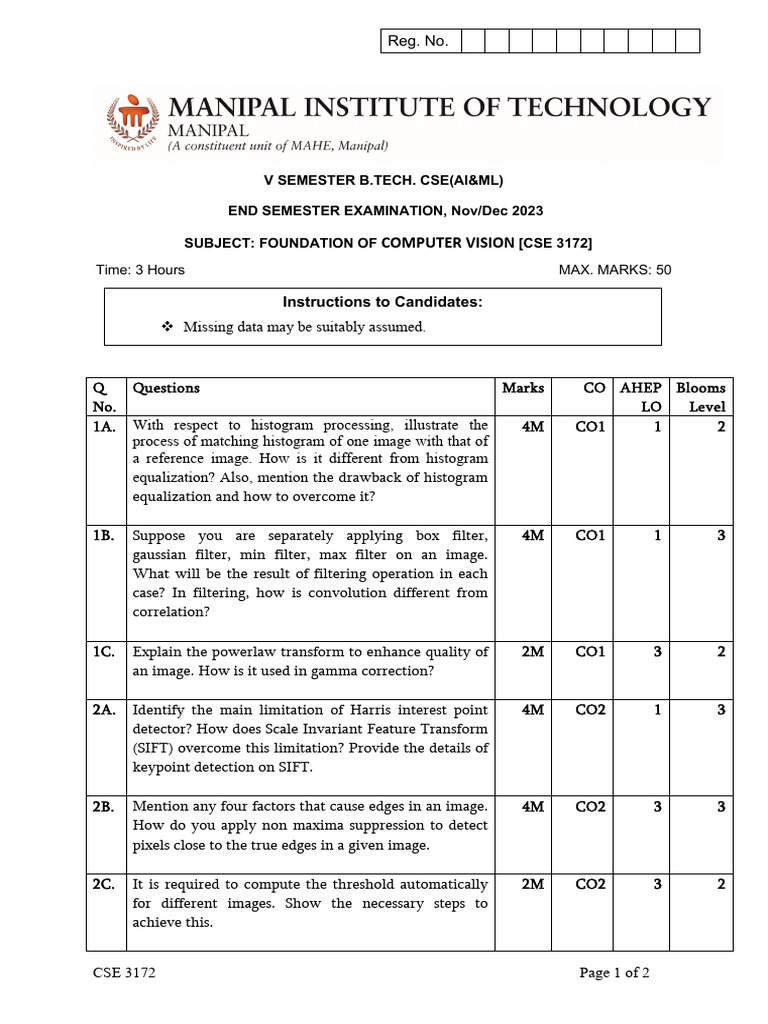 Computer Vision (CSE 3172) | PDF | Multidimensional Signal Processing | Signal Processing