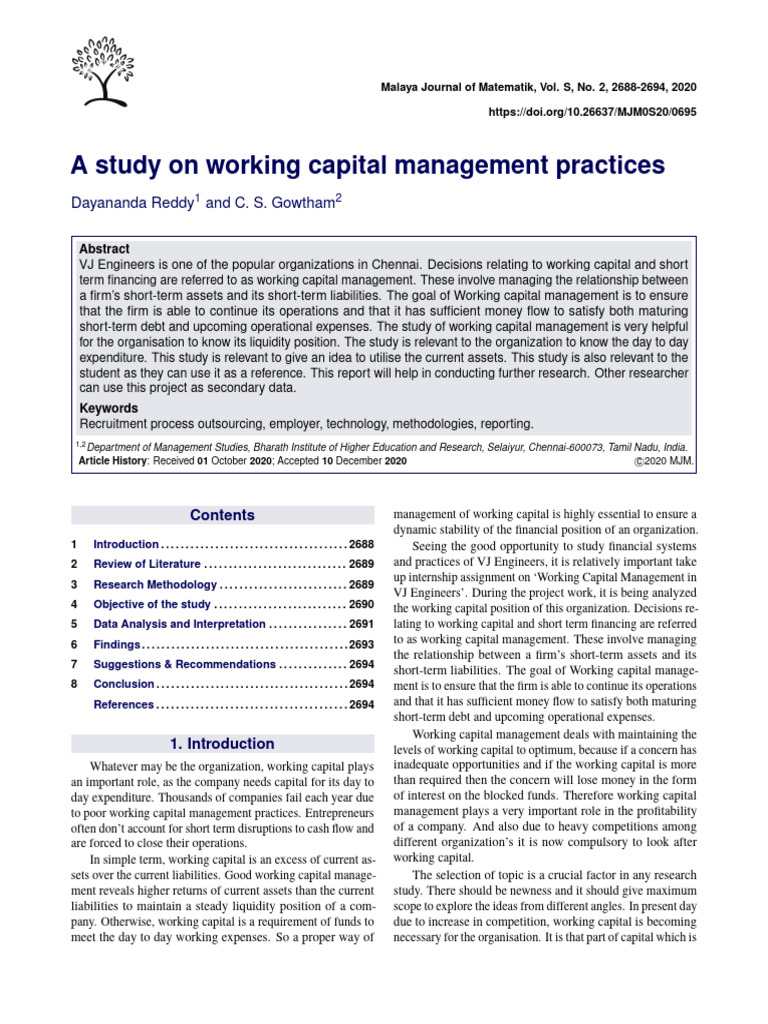A Study On Working Capital Management PDF | PDF | Working Capital | Expense
