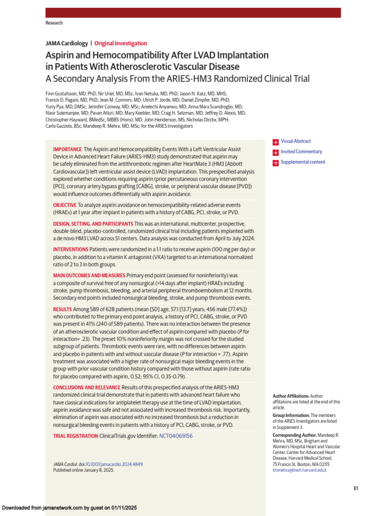 Spirin and Hemocompatibility After LVAD Implantation in Patients With ...