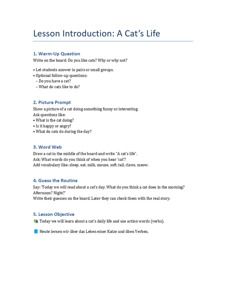 Lesson Introduction A Cats Life | PDF