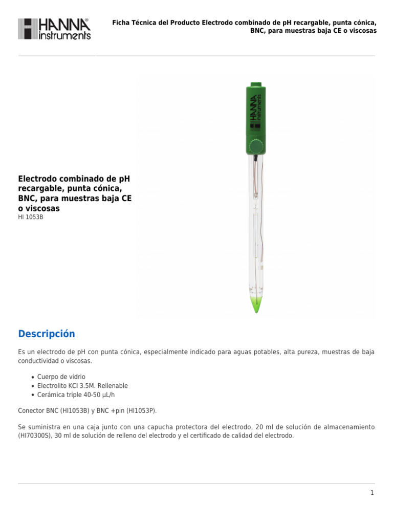 Descripción: Electrodo Combinado de PH Recargable, Punta Cónica, BNC ...