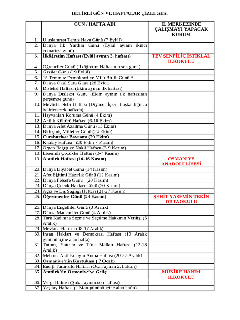 2025 2026 Belirli Gun Ve Haftalar | PDF