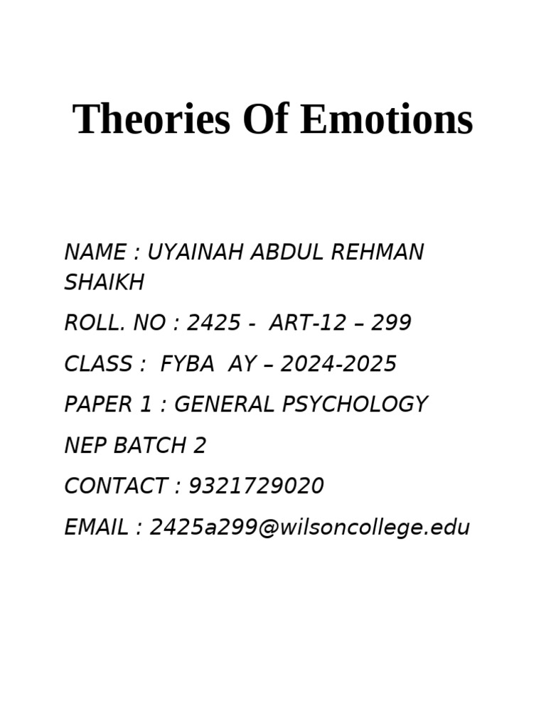 Psychology Theories of Emotions | PDF | Emotions | Cognitive Behavioral ...