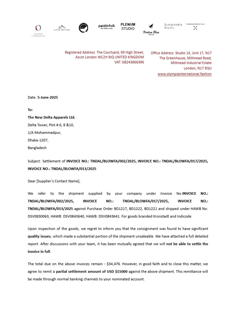 New Delta Final Settlement Letter-Merged-Compressed | PDF | Seam (Sewing) | Shirt