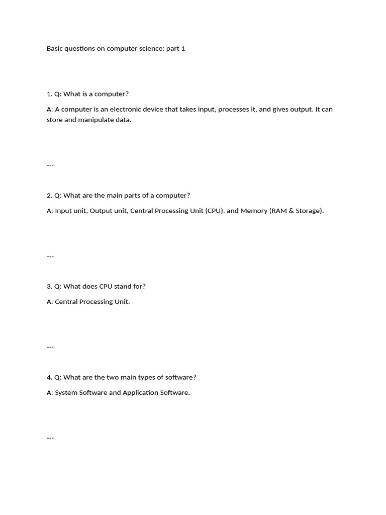 Basic Computer Science Questions Explained | PDF | Central Processing ...