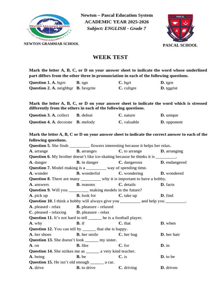 Grade 7 English Week Test 2025-2026 | PDF
