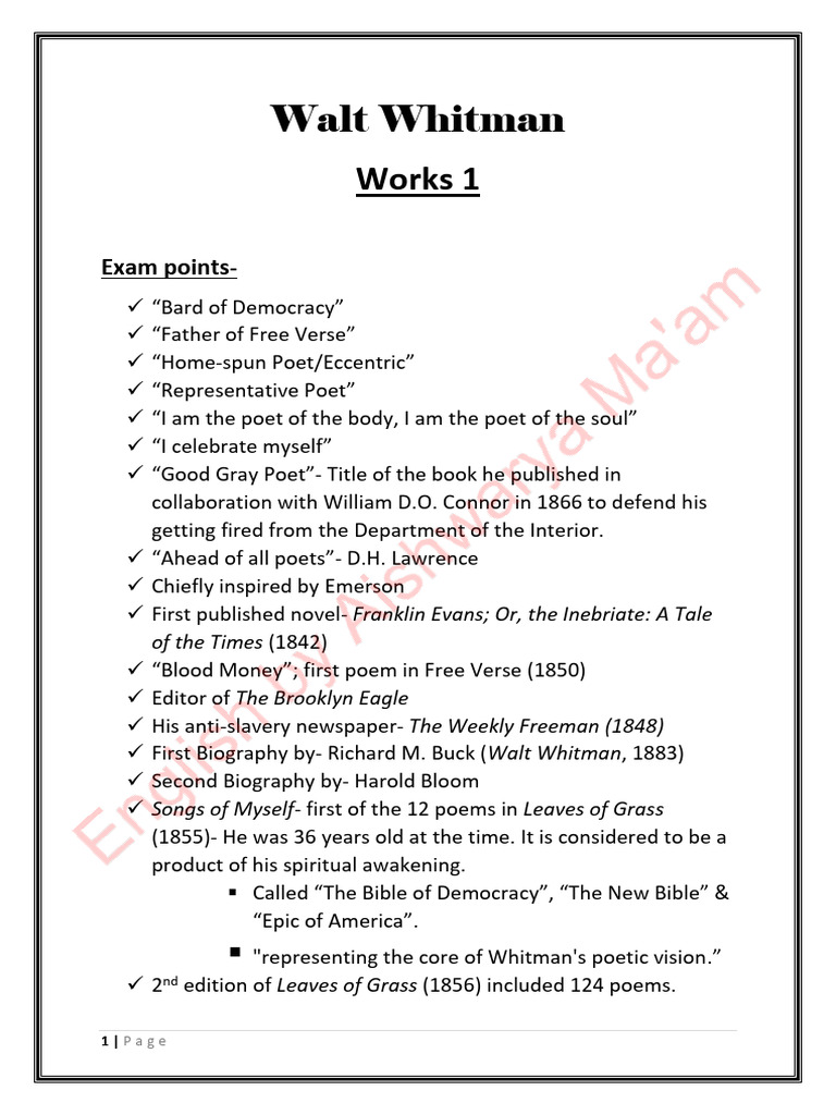 Walt Whitman: Works 1 | PDF | Leaves Of Grass | Poetry
