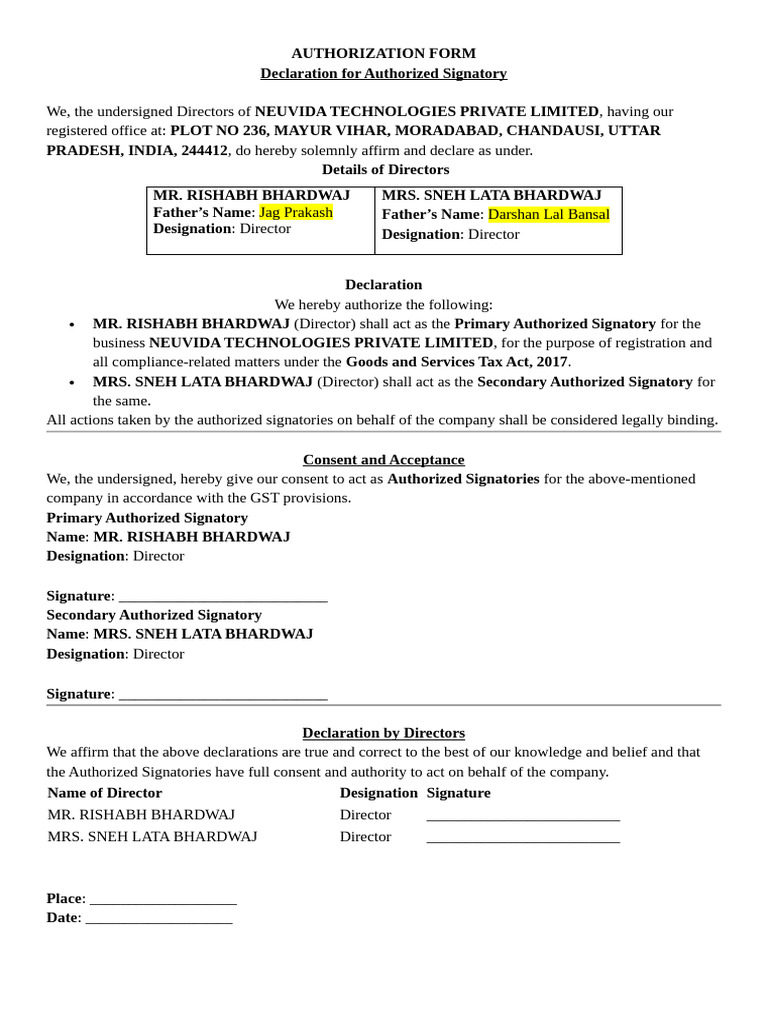 Authorized Signatory Declaration Form | PDF