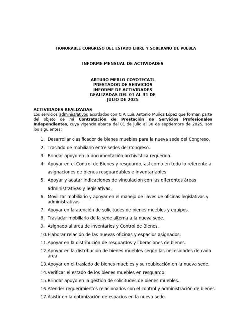 Formato Reporte Actividades Informe Mensual de Actividades | PDF