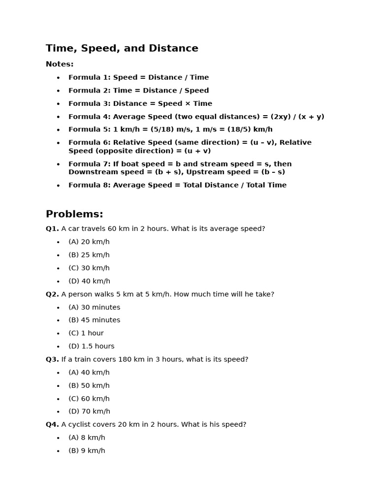 Time, Speed, and Distance Formulas & Problems | PDF | Speed | Motion ...