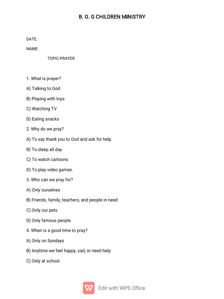 Prayer Question 12yrs-7yrs | PDF