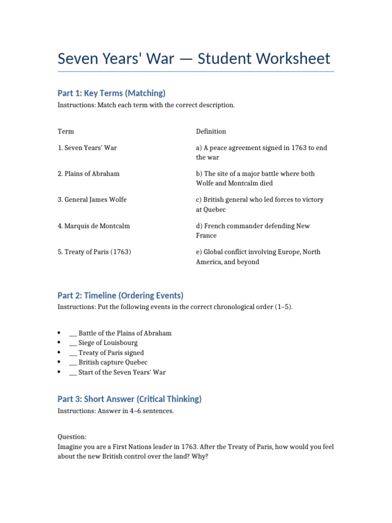 Seven Years War Worksheet | PDF