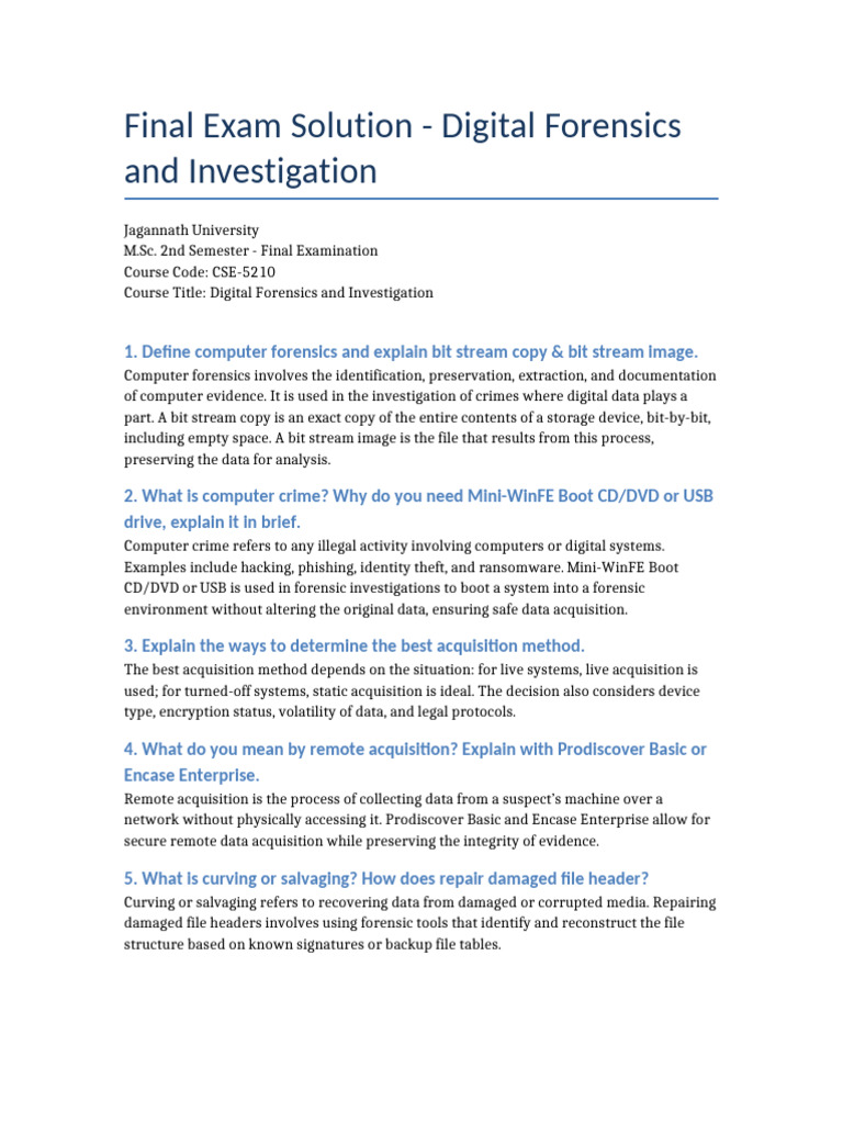 Digital Forensics Final Exam Solutions | PDF | Computer Forensics ...