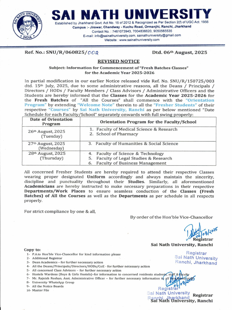 Revised Notice - Information For Commencement of Fresh Batches Classes ...