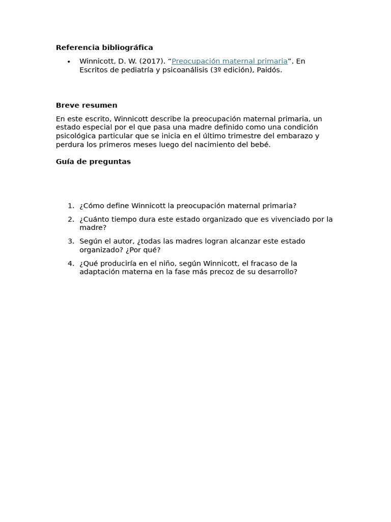 Preocupación Maternal Primaria según Winnicott | PDF