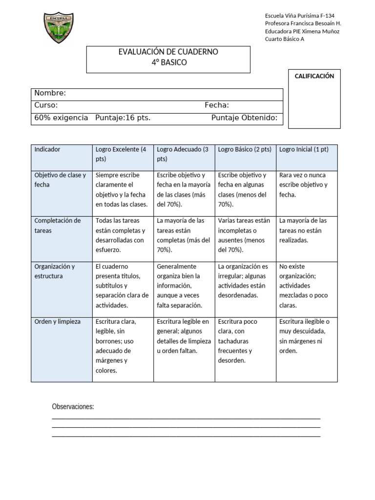 Rubrica para Evaluar Cuaderno de Clases | PDF