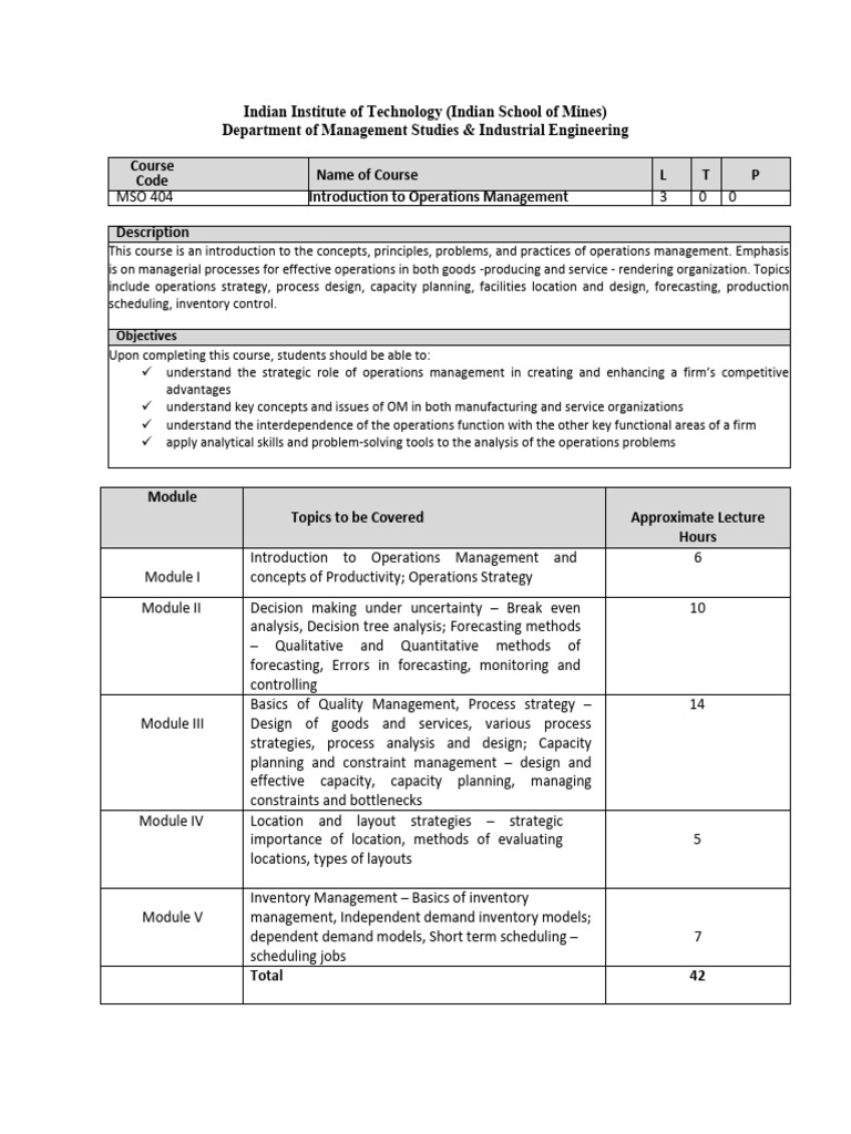 Lecture Plan | PDF | Operations Management | Forecasting