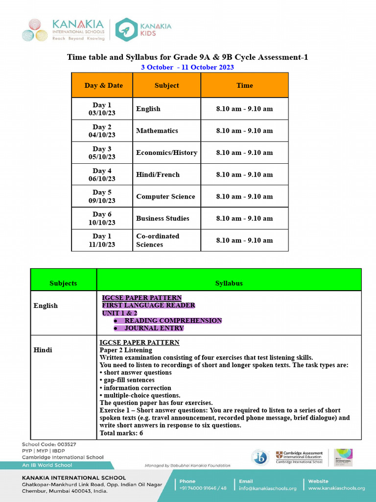 Timetable and Syllabus Cycle Assessment - 1 Grade 9A 9B | PDF | Osmosis ...
