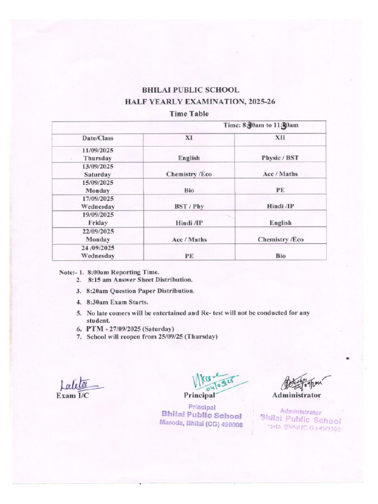 Class-XI & XII Half Yearly Time Table 2025-26 001 | PDF