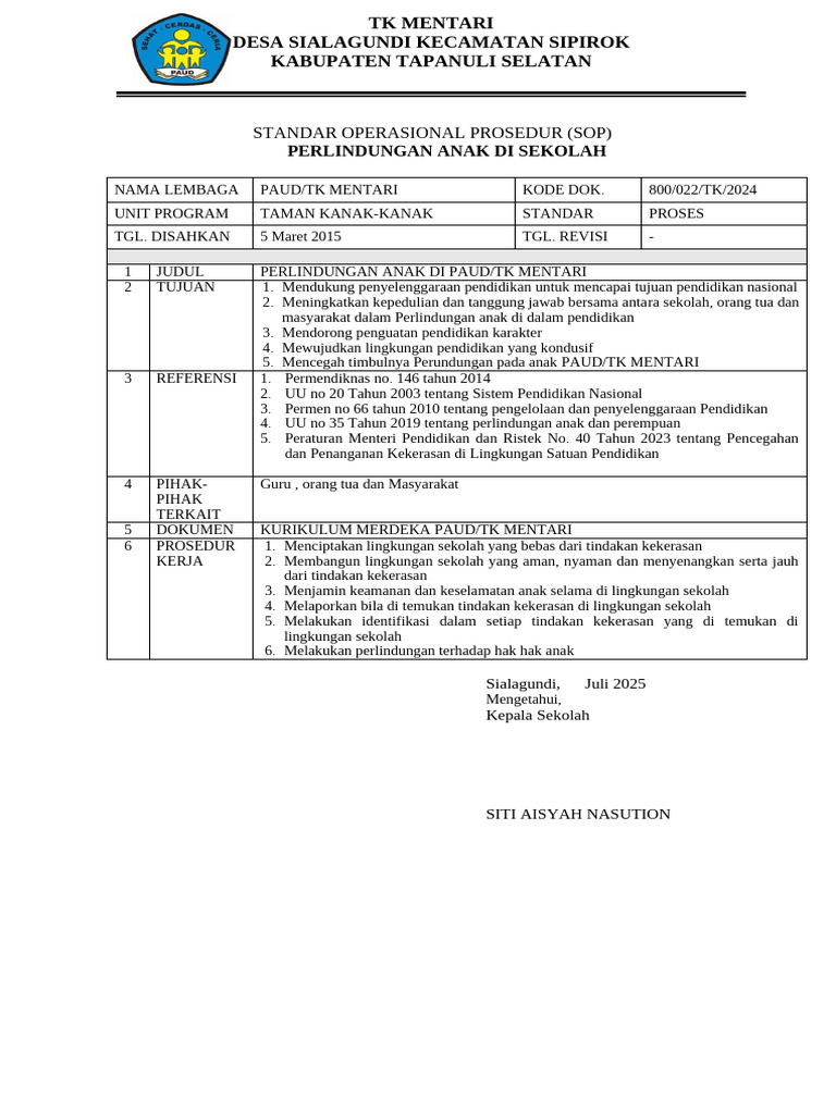 SOP Perlindungan Anak di TK Mentari | PDF