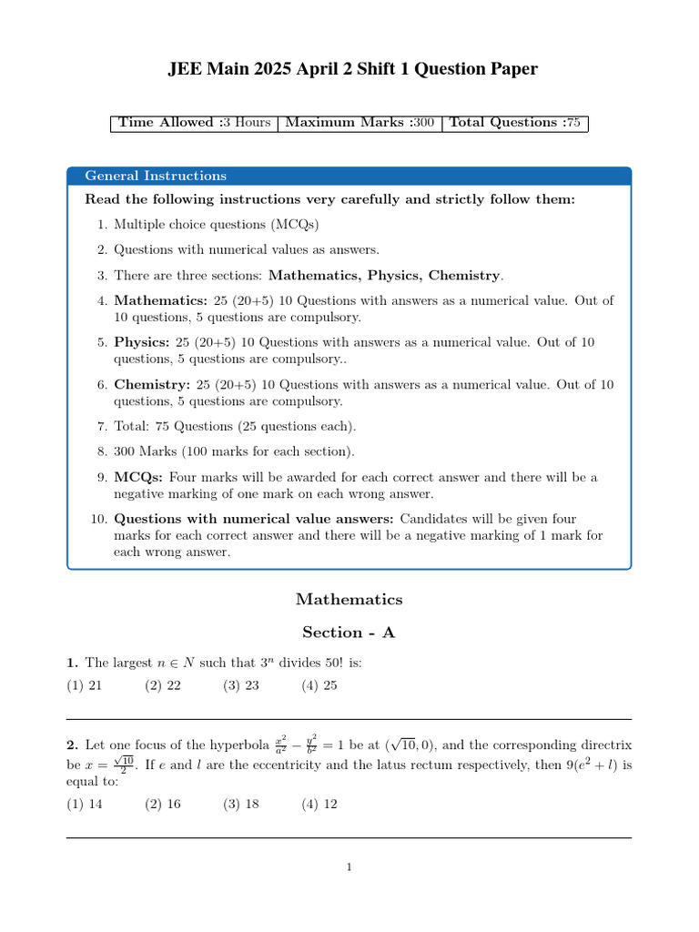 Jee Question Papers Shift1 2 Apr | PDF | Amine | Gases