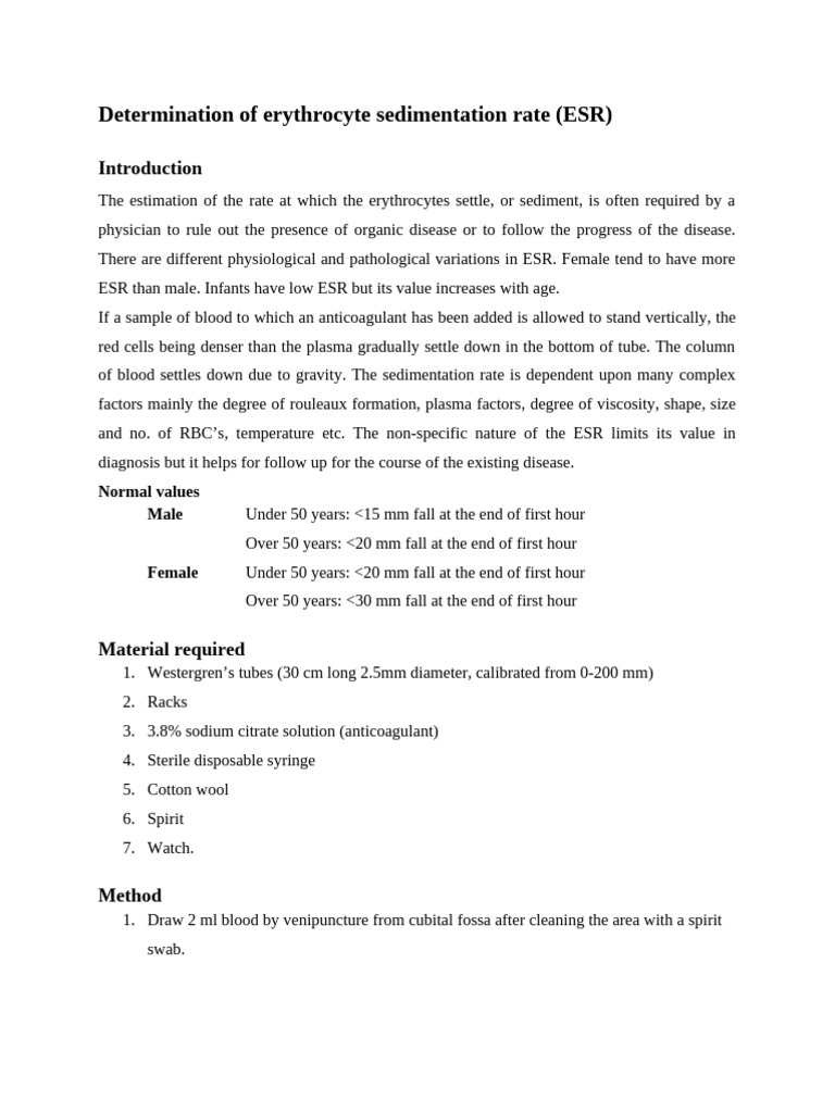 Determination of Erythrocyte Sedimentation Rate (ESR) Lab Practical | PDF | Clinical Pathology ...