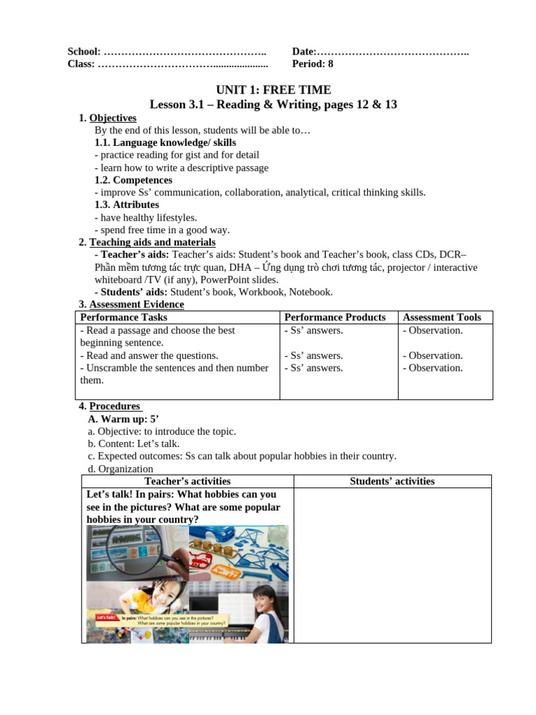 Unit 1 - Lesson 3.1 - Reading - Writing - Pages 12 - 13 | PDF ...
