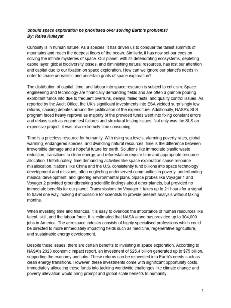 Space Exploration Vs Earth | PDF | Nasa | Space Exploration