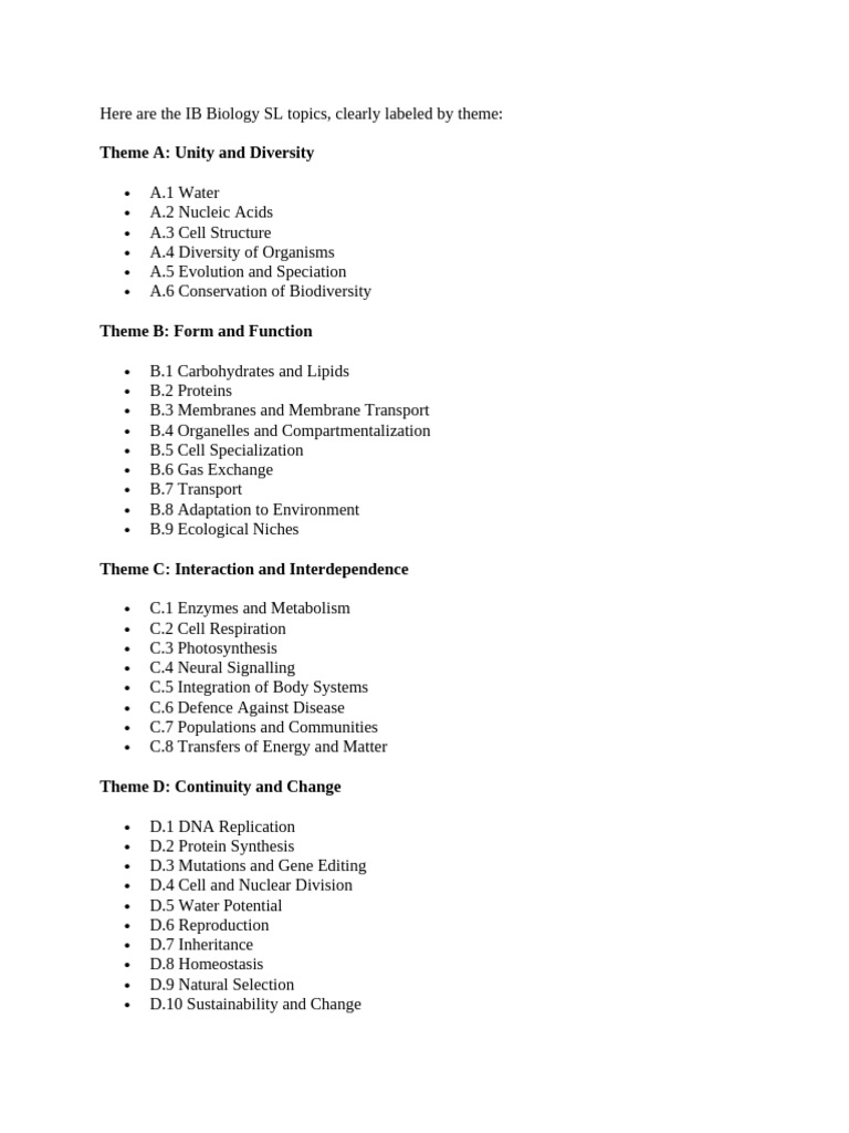 IB Biology SL Topics Overview | PDF