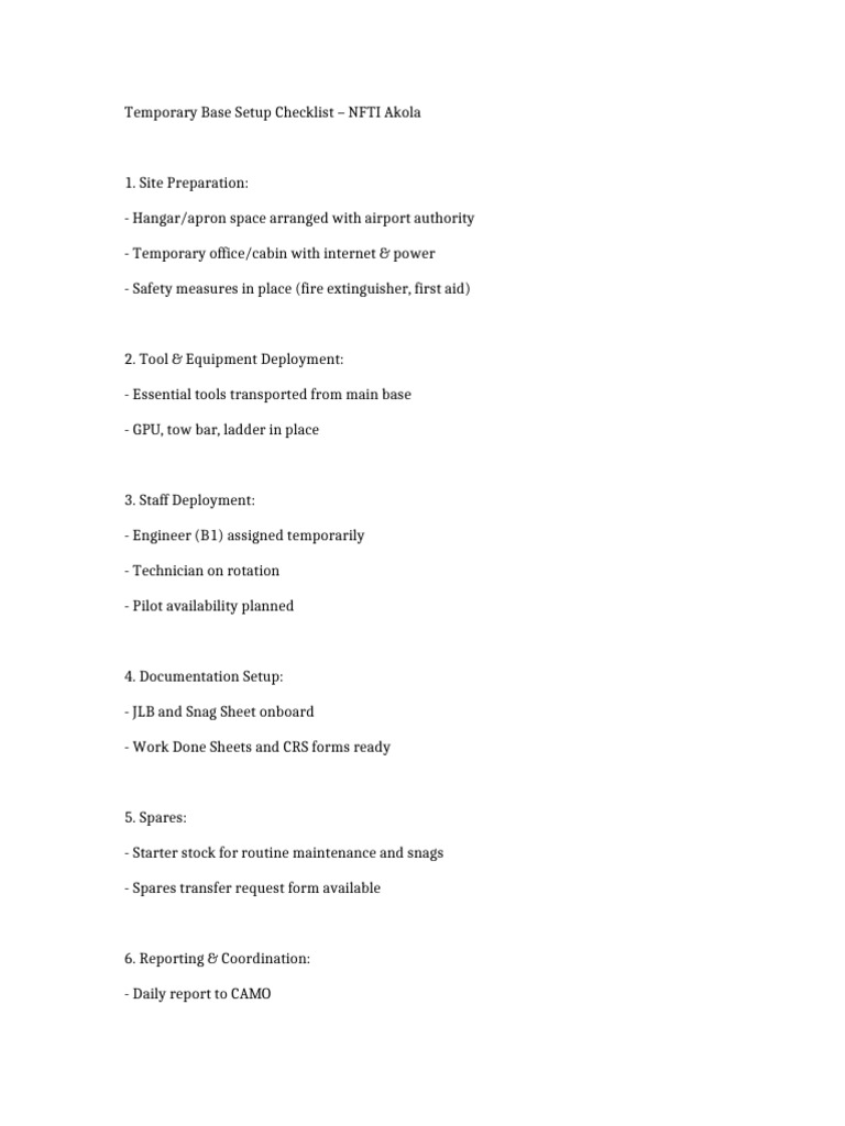 Temporary Base Setup Checklist | PDF