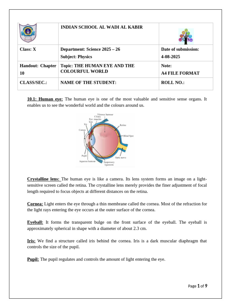 Class X - Human Eye and The Colourful World - Handout | PDF | Sunset ...
