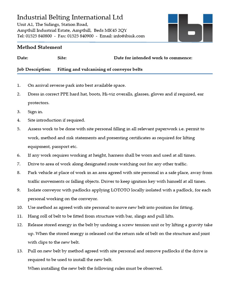 Vulcanising Conveyor Belts Method Statement | PDF