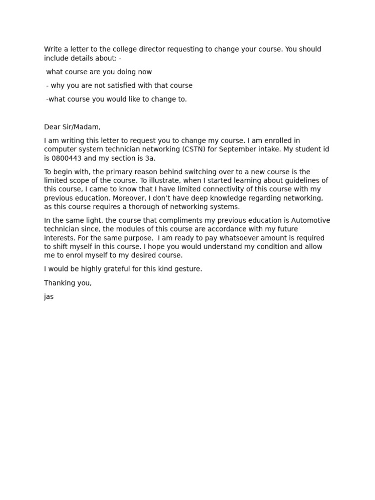 Write A Letter To The College Director Requesting To Change Your Course ...