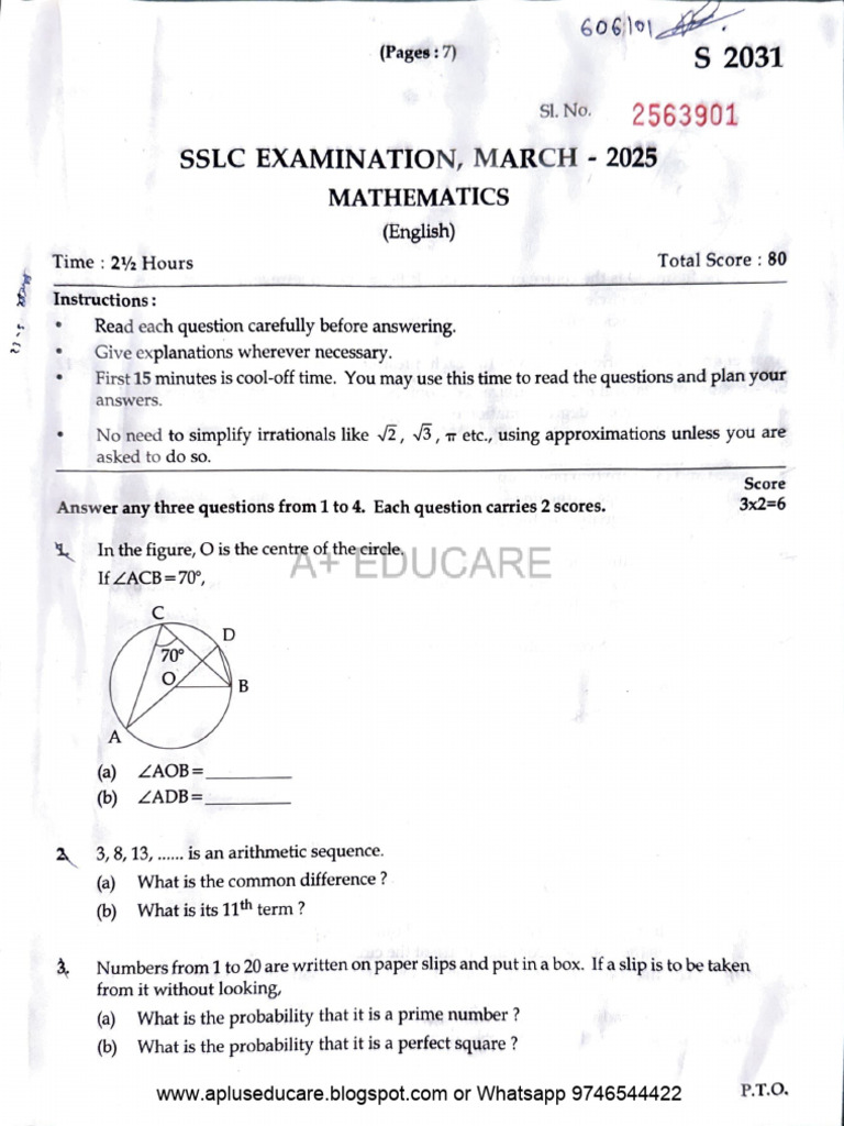A Blog SSLC Examination 2025 Mathematics Question Paper em | PDF ...