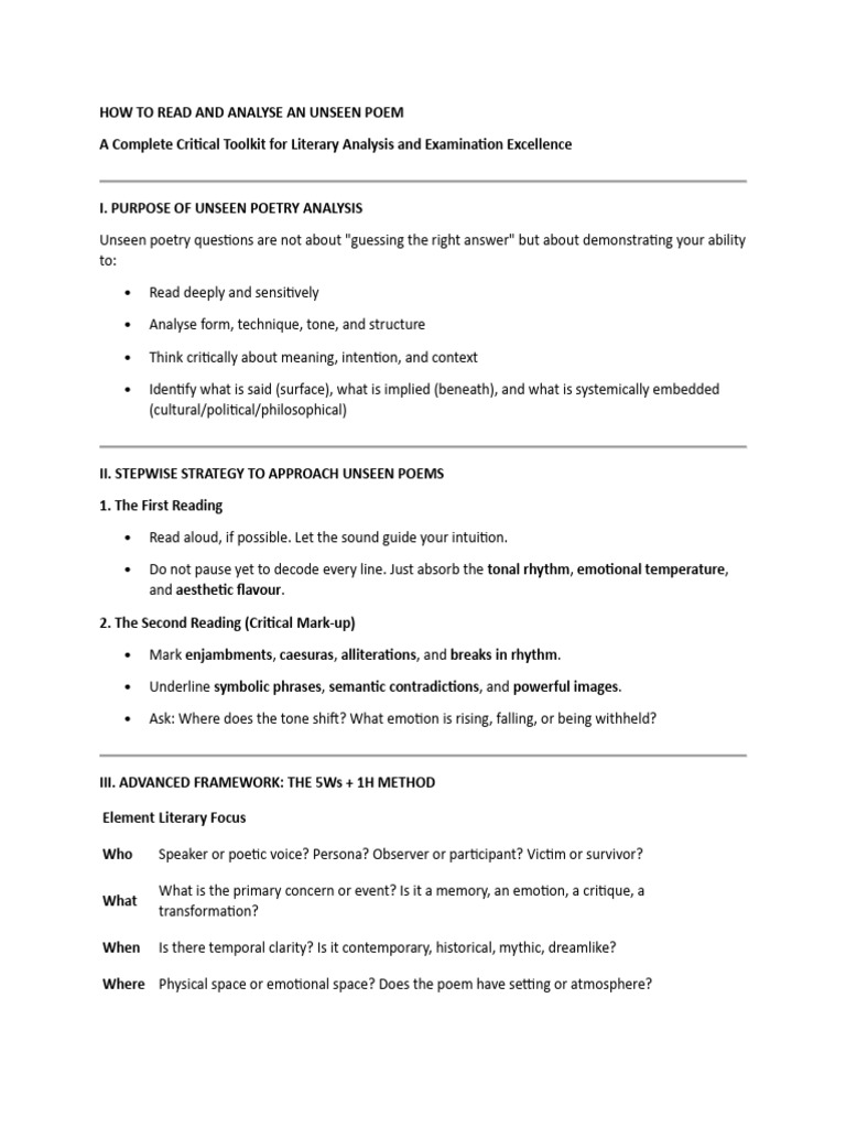 Unseen Poem Analysis Toolkit | PDF | Poetry | Narrative