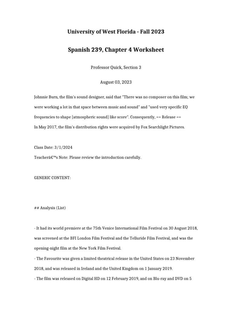 Spanish 239 Chapter 4 Worksheet | PDF