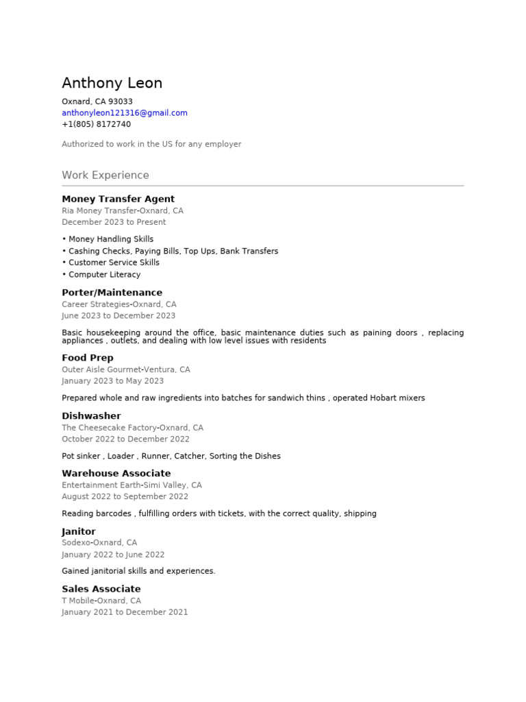 Anthony Leon's Work Experience & Skills | PDF