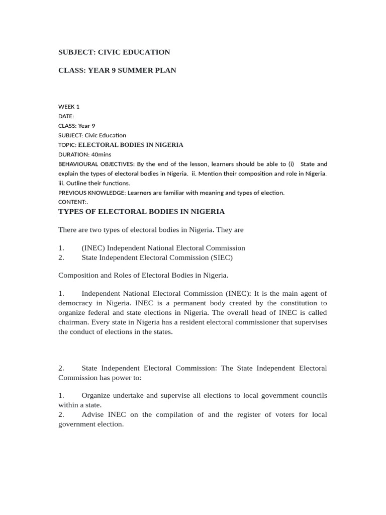 Year 9 Civic Summer Lesson Plan | PDF | Elections | Voting