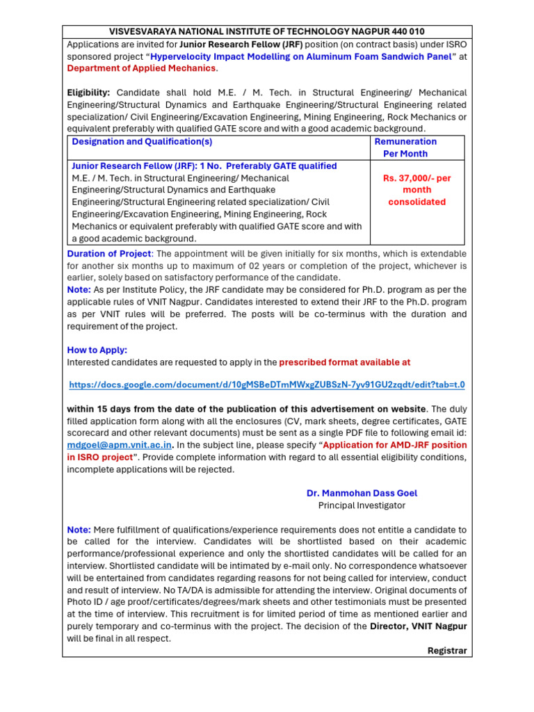 JRF Position at VNIT Nagpur for ISRO Project | PDF