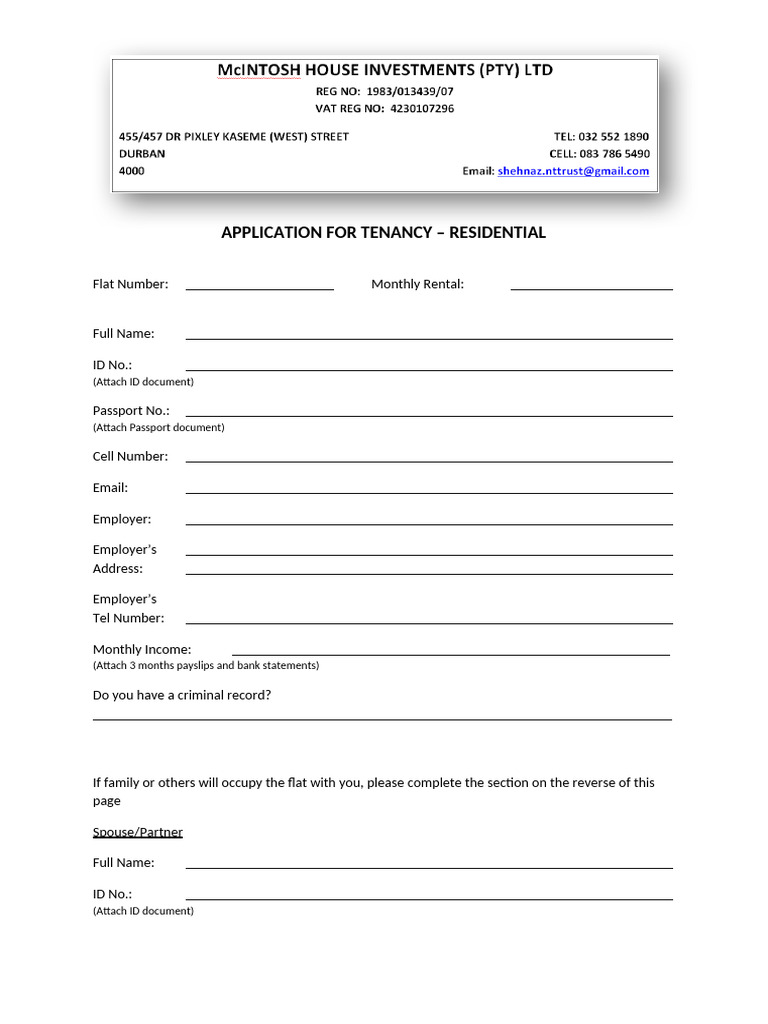 Residential Tenancy Application Form | PDF | Government And Personhood