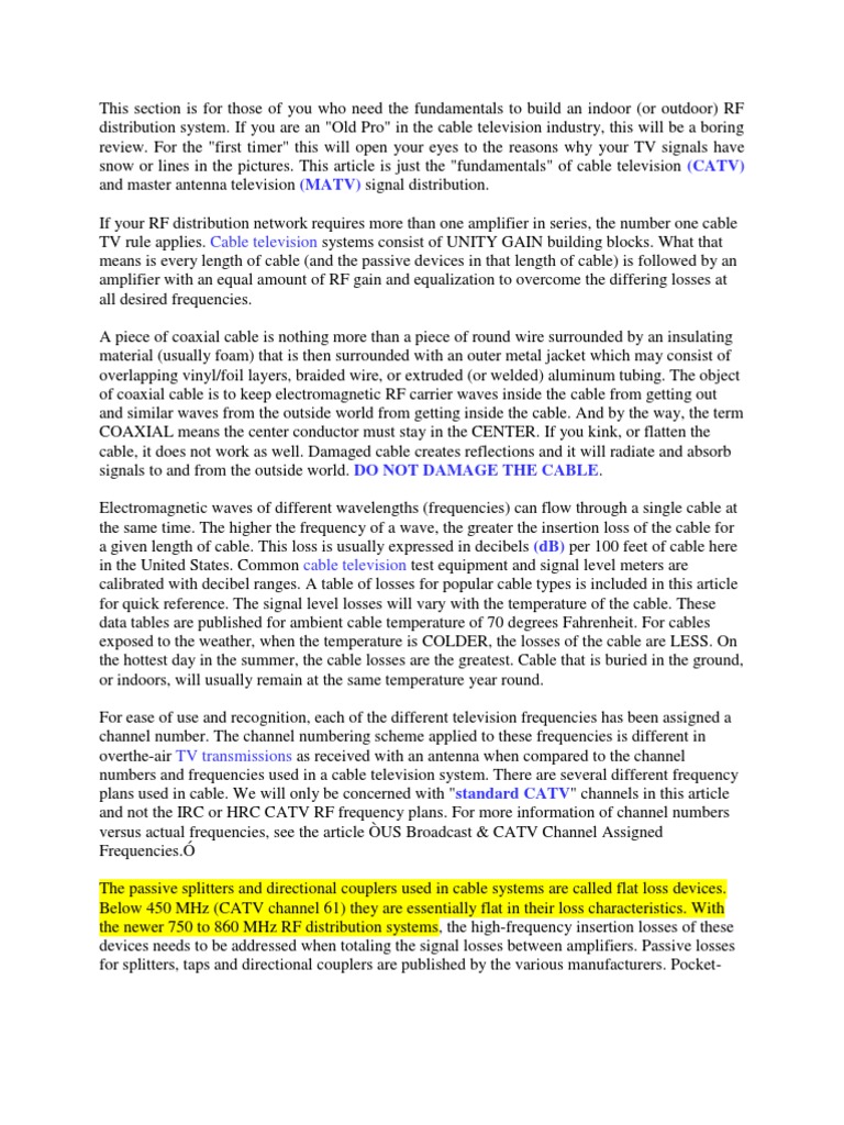Catv & Matv Basics | PDF | Coaxial Cable | Cable Television