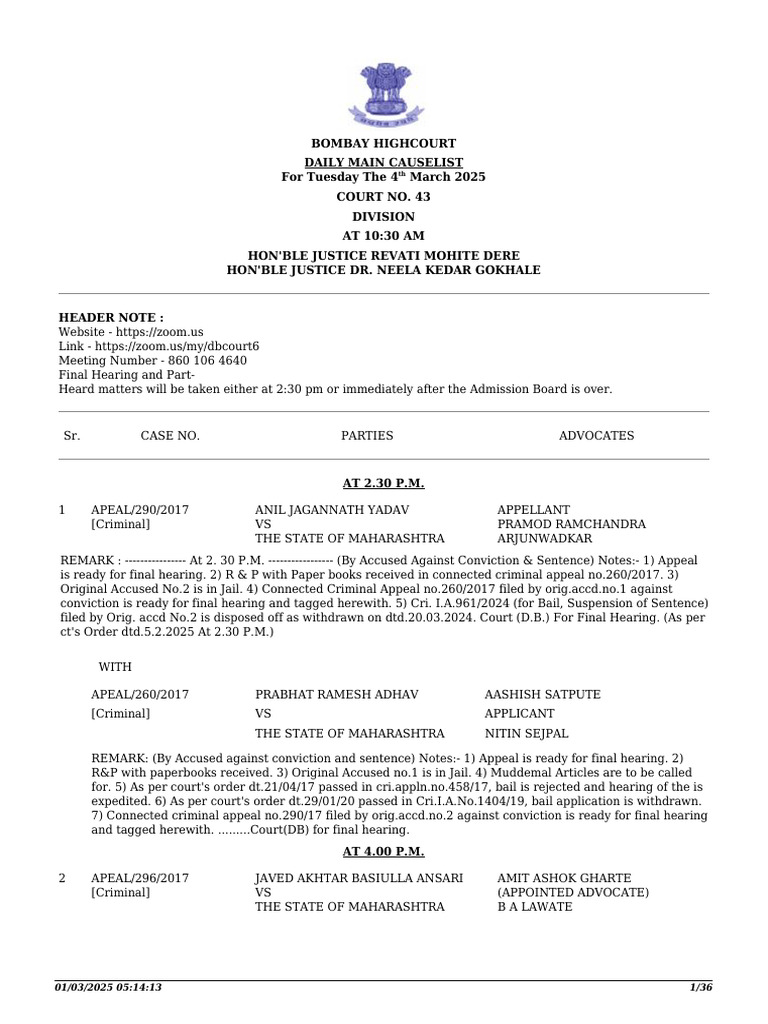 Bombay High Court Cause List - March 4, 2025 | PDF | Appeal | Bail