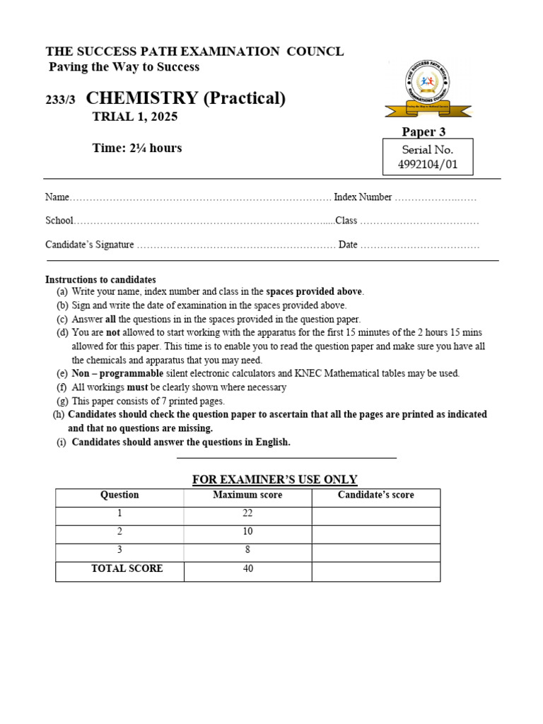 Chemistry Practical Exam 233/3 Guide | PDF | Titration | Chemistry