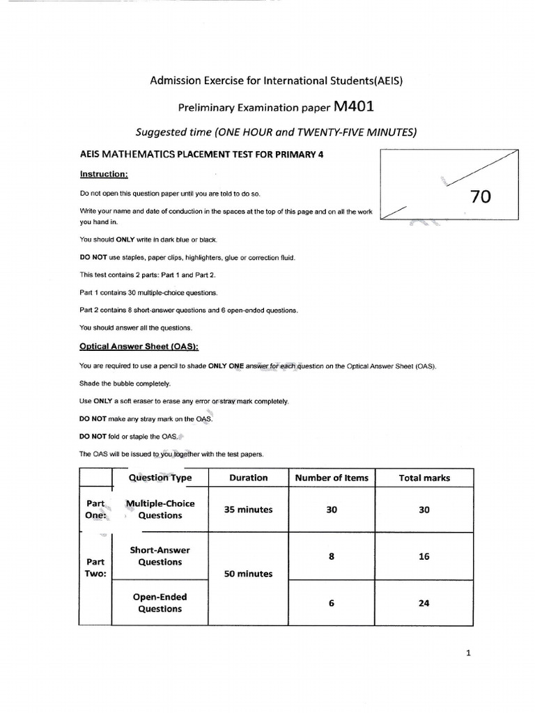 AEIS Primary 4 Math Placement Test | PDF | Mathematics | Elementary ...