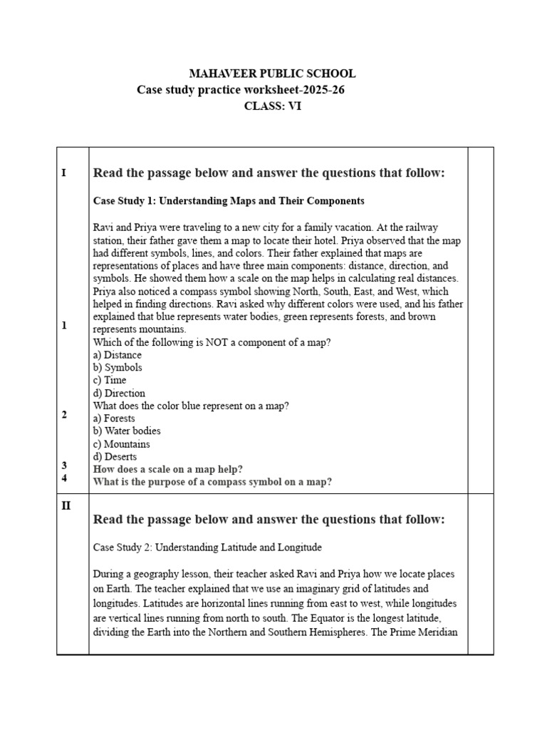 Class VI Case Study Worksheet 2025-26 | PDF | Longitude | Latitude