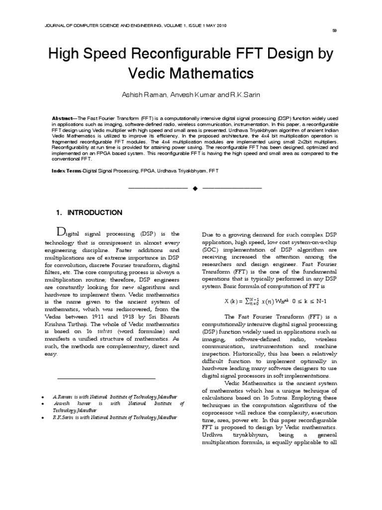 High Speed Reconfigurable FFT Design by Vedic Mathematics: Ashish Raman, Anvesh Kumar and R.K ...