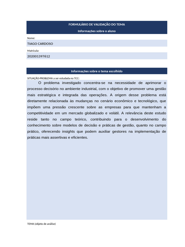 Formulario Plano de Projeto Final | PDF | Despesa | Tomada de decisões