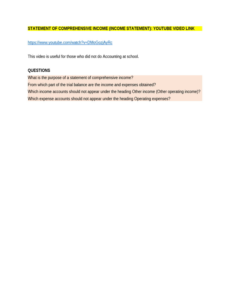 Unit 2 Statement of Comprehensive Income Video Link | PDF