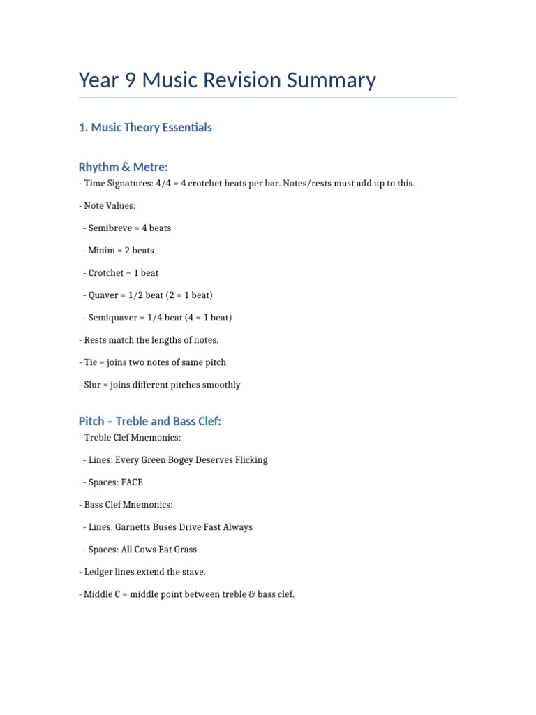Year 9 Music Revision Summary | PDF | Tempo | Musical Compositions